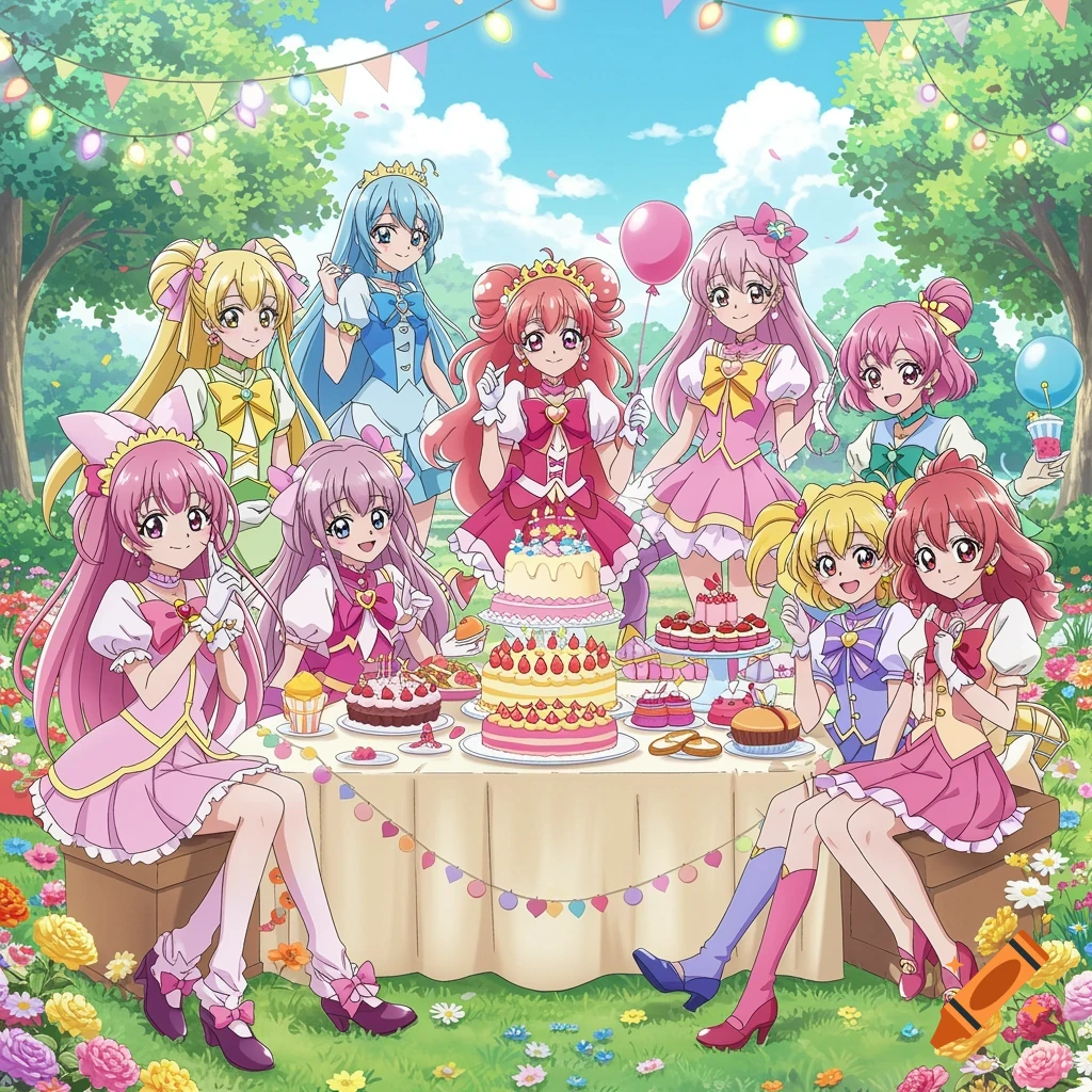 Anime magical girls gathered around a birthday cake at an outdoor party ...
