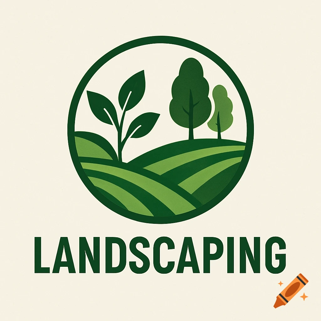 Landscaping logo with a plant, trees, and hills inside a circle and the ...