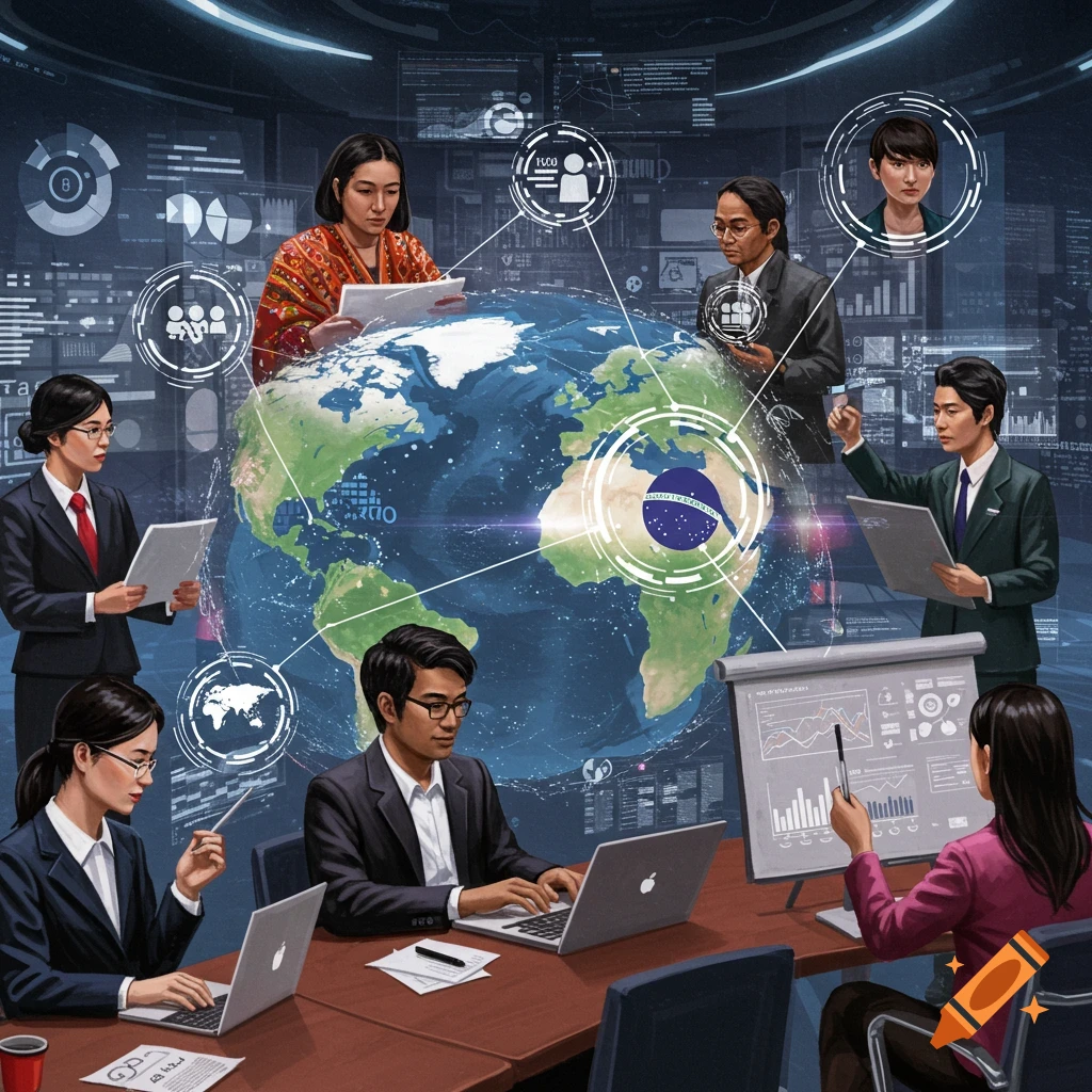 Diverse business team works around globe and data displays in meeting ...