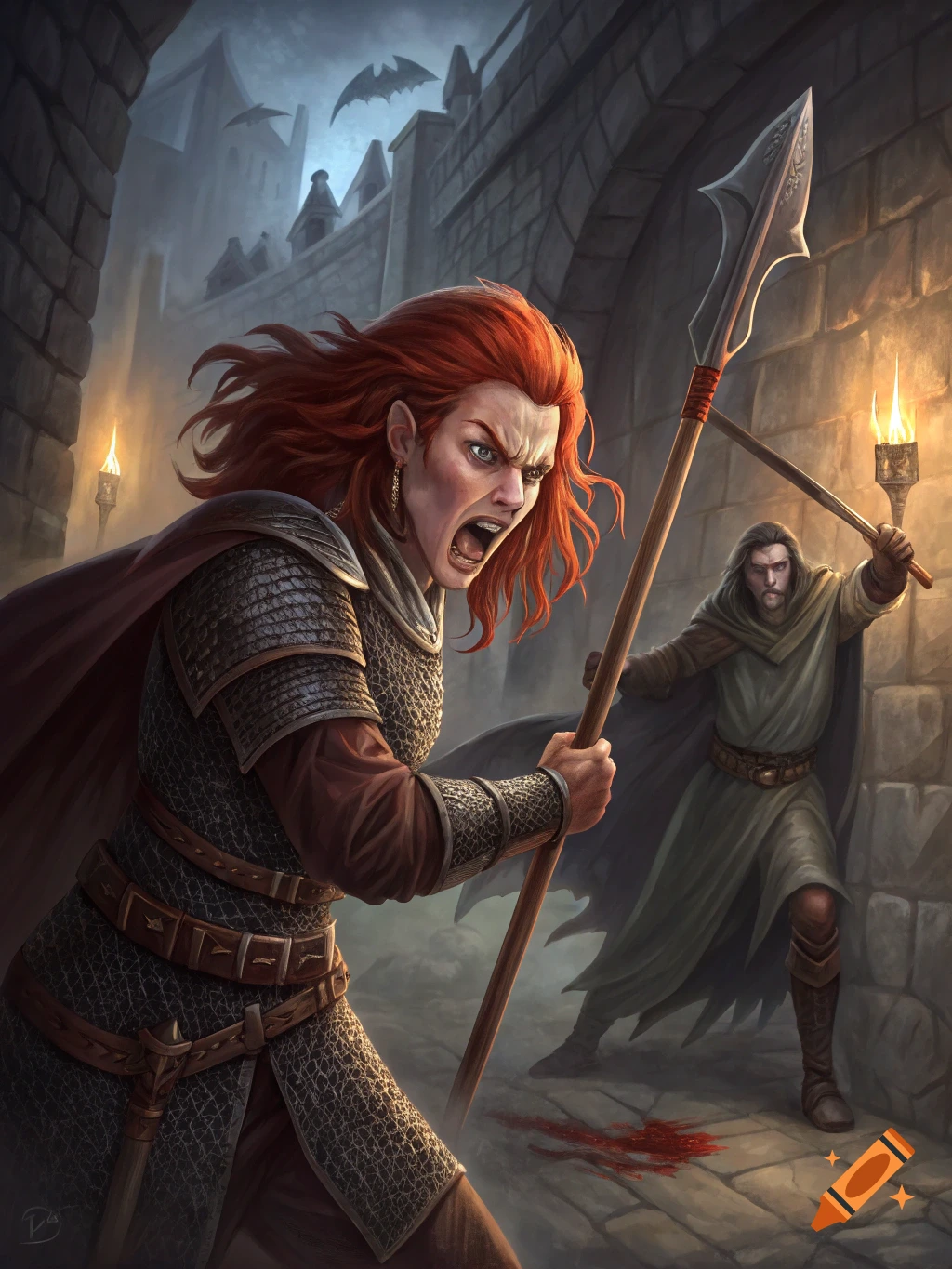 Red-haired warrior with spear fighting another figure in a dark ...