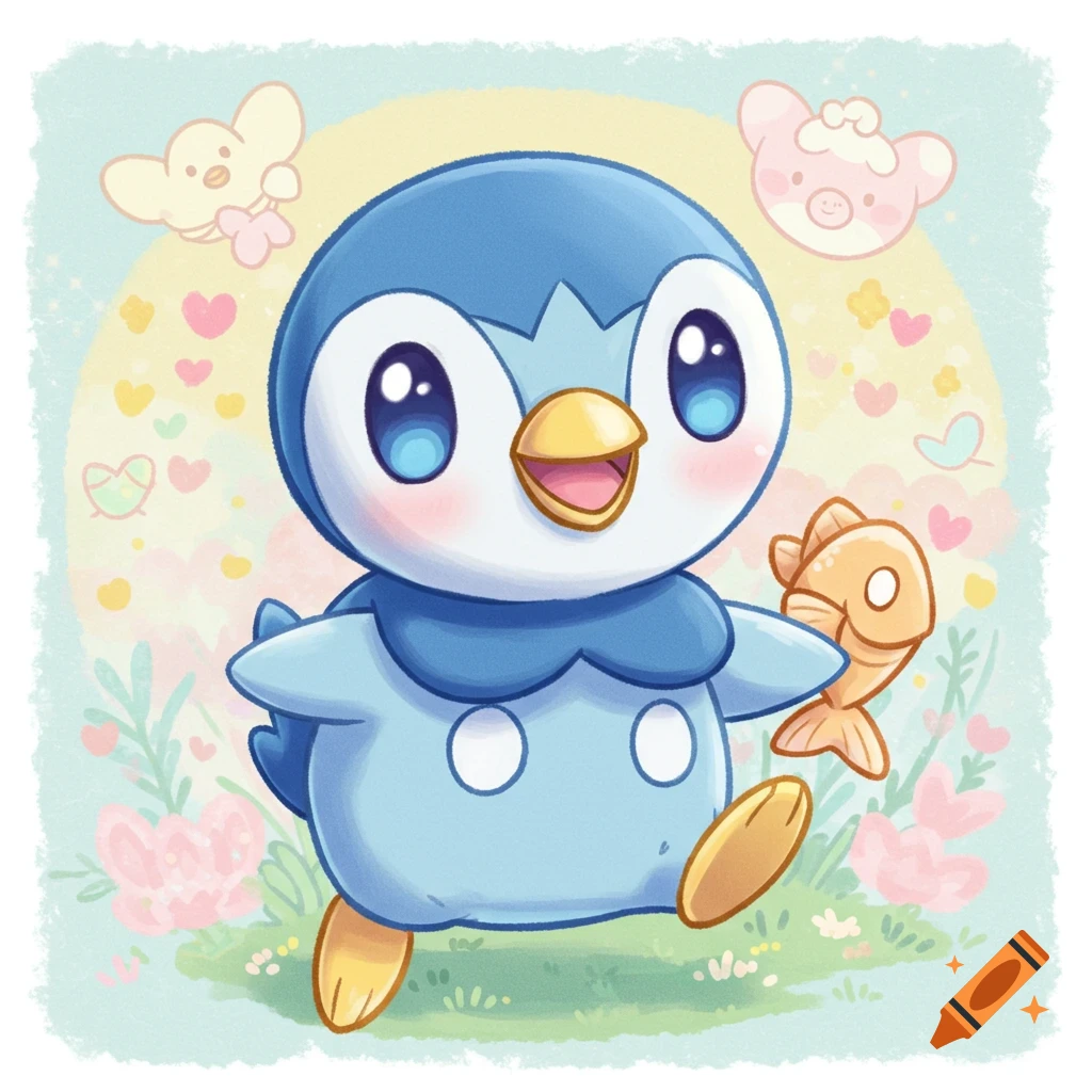 Chibi Piplup holding a fish in a flowery field with cute shapes in the ...