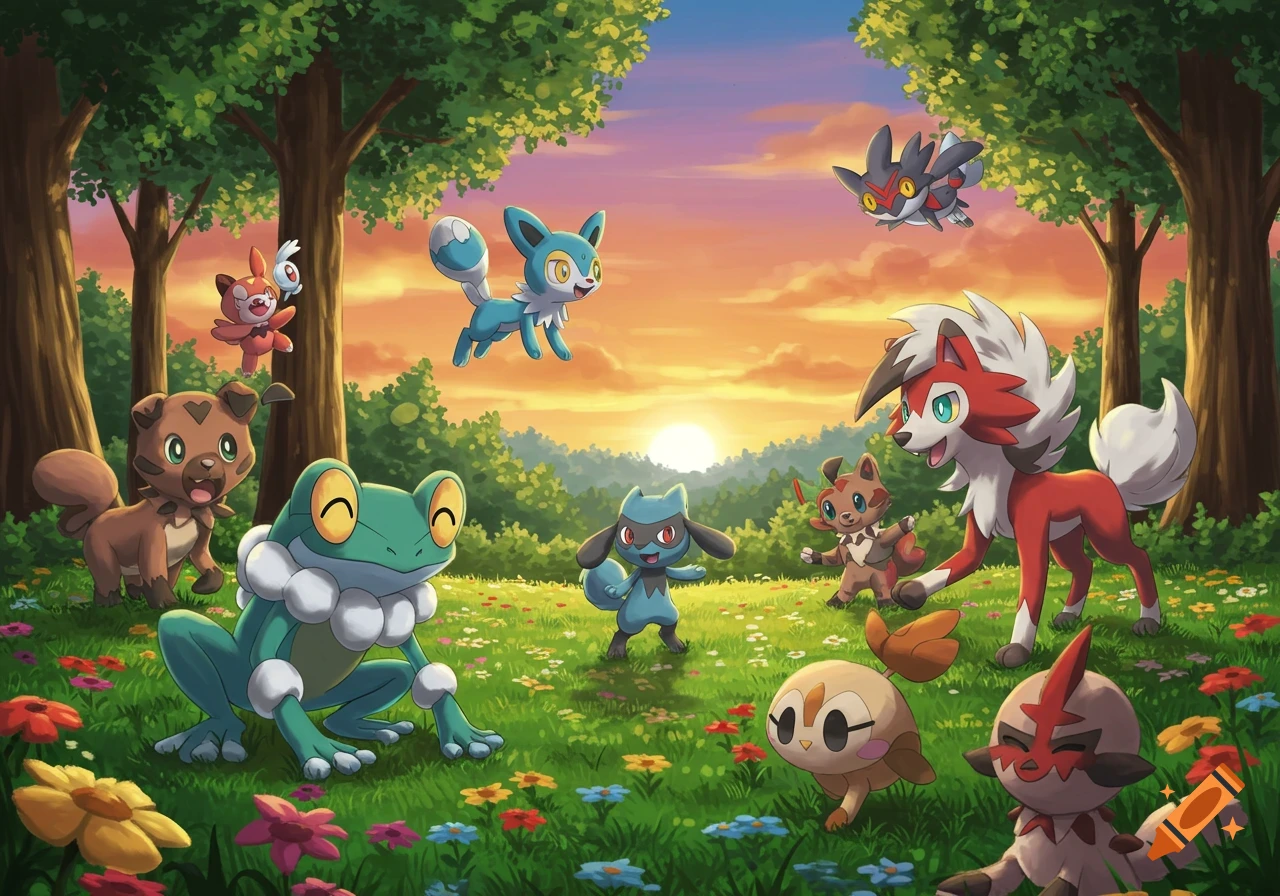 Pokemon characters playing in a grassy field at sunset. on Craiyon