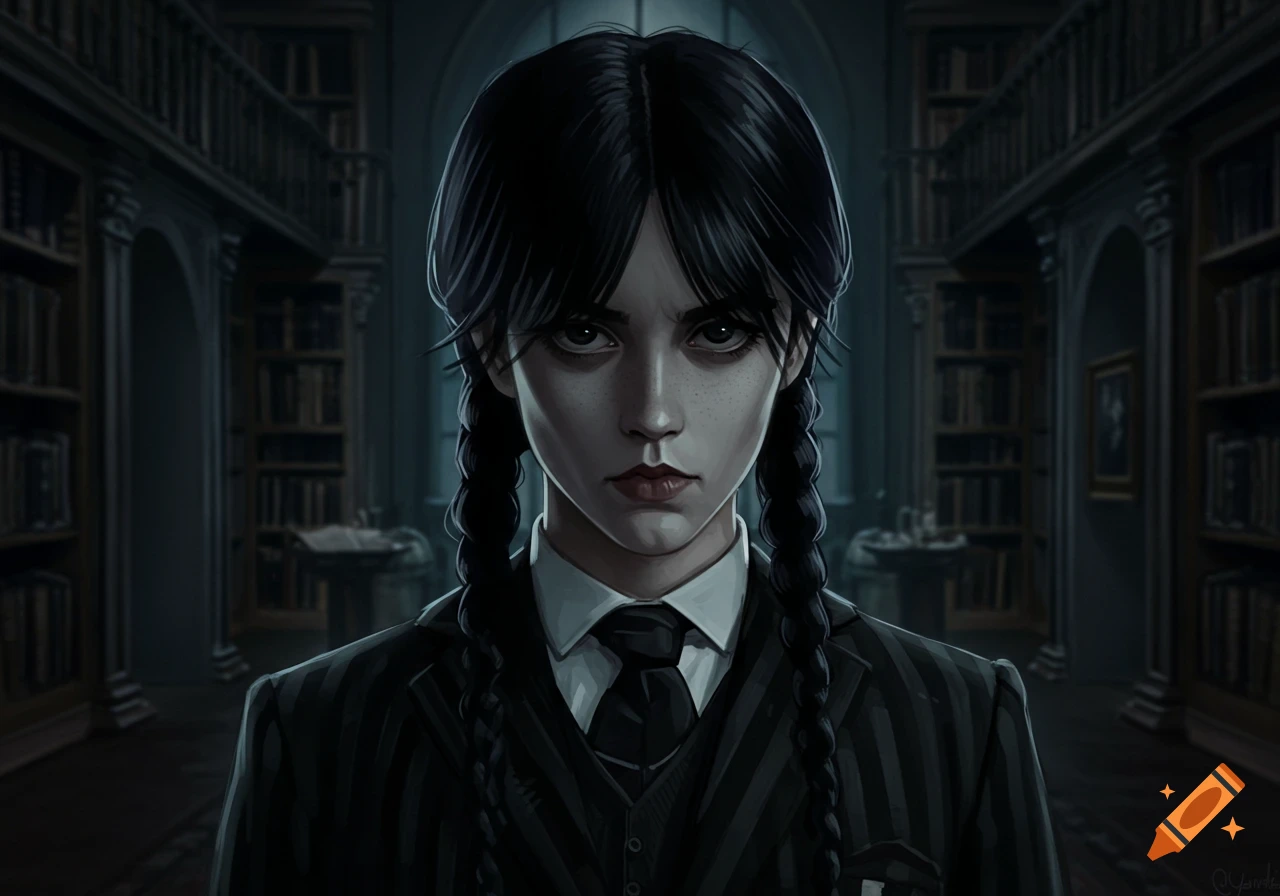 Portrait of a stern girl with pigtails in a pinstripe suit inside a ...