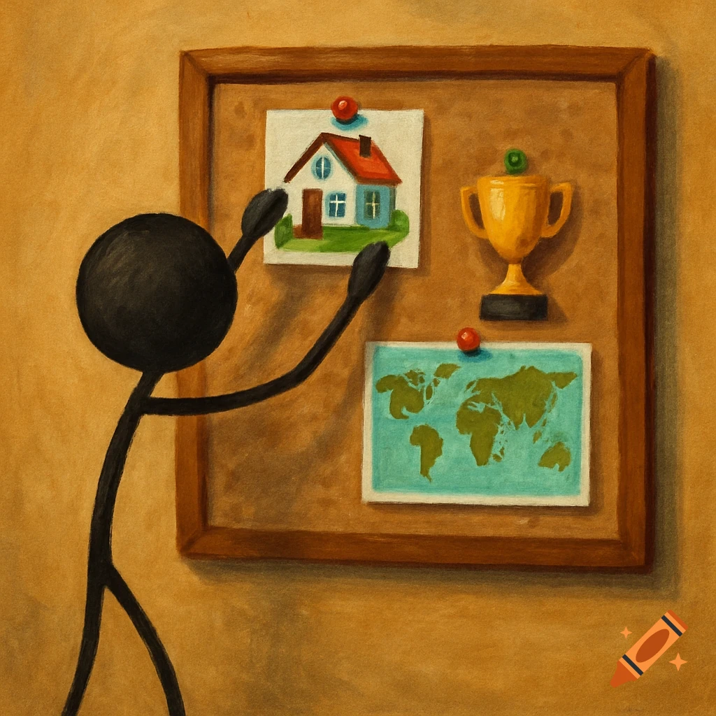 A black stick figure pins a house, trophy, and world map onto a cork ...