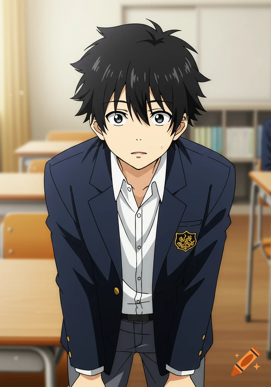 Anime boy in school uniform looking curious in a classroom. on Craiyon
