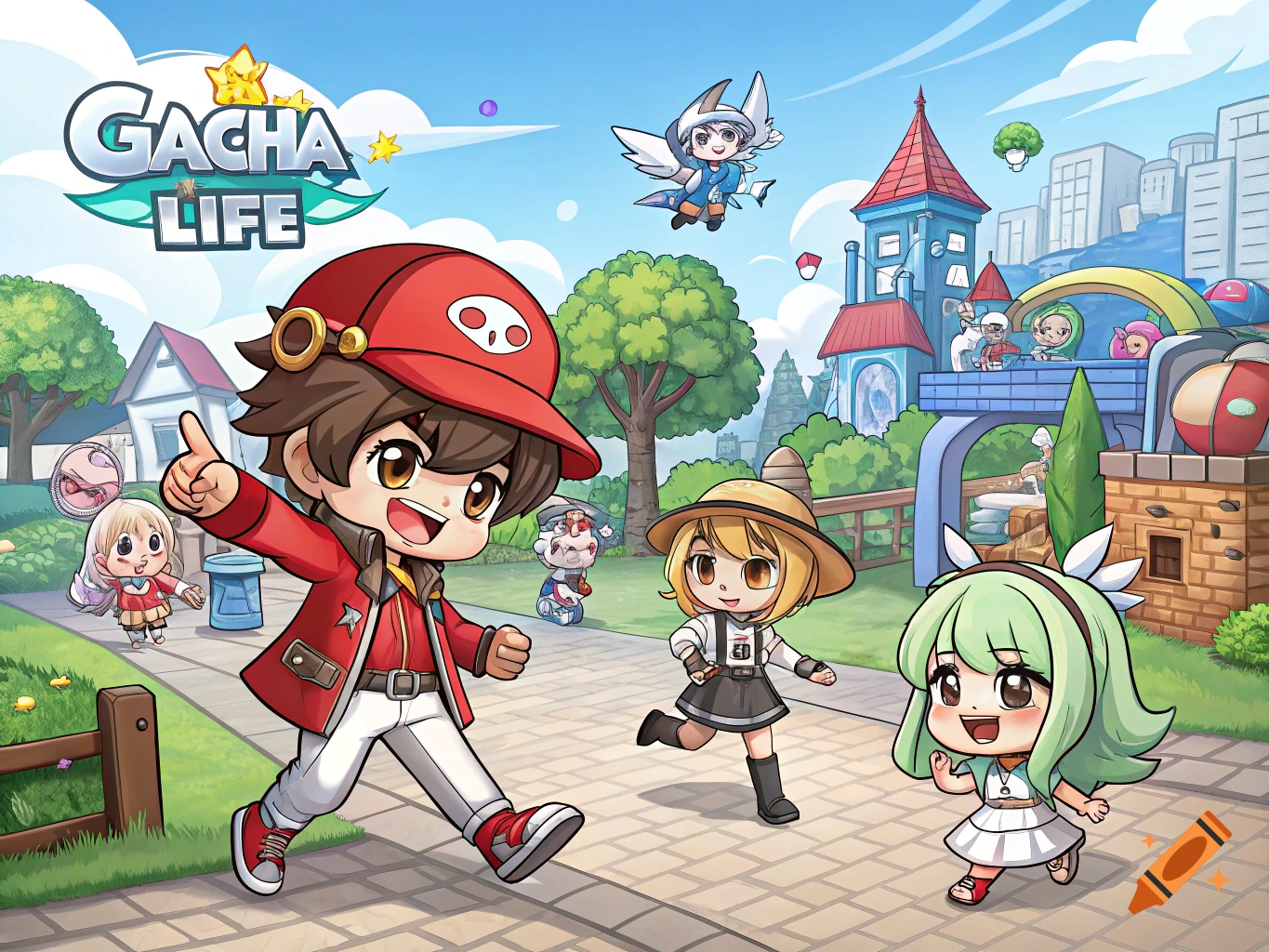 Chibi characters run through an urban park with buildings and trees ...