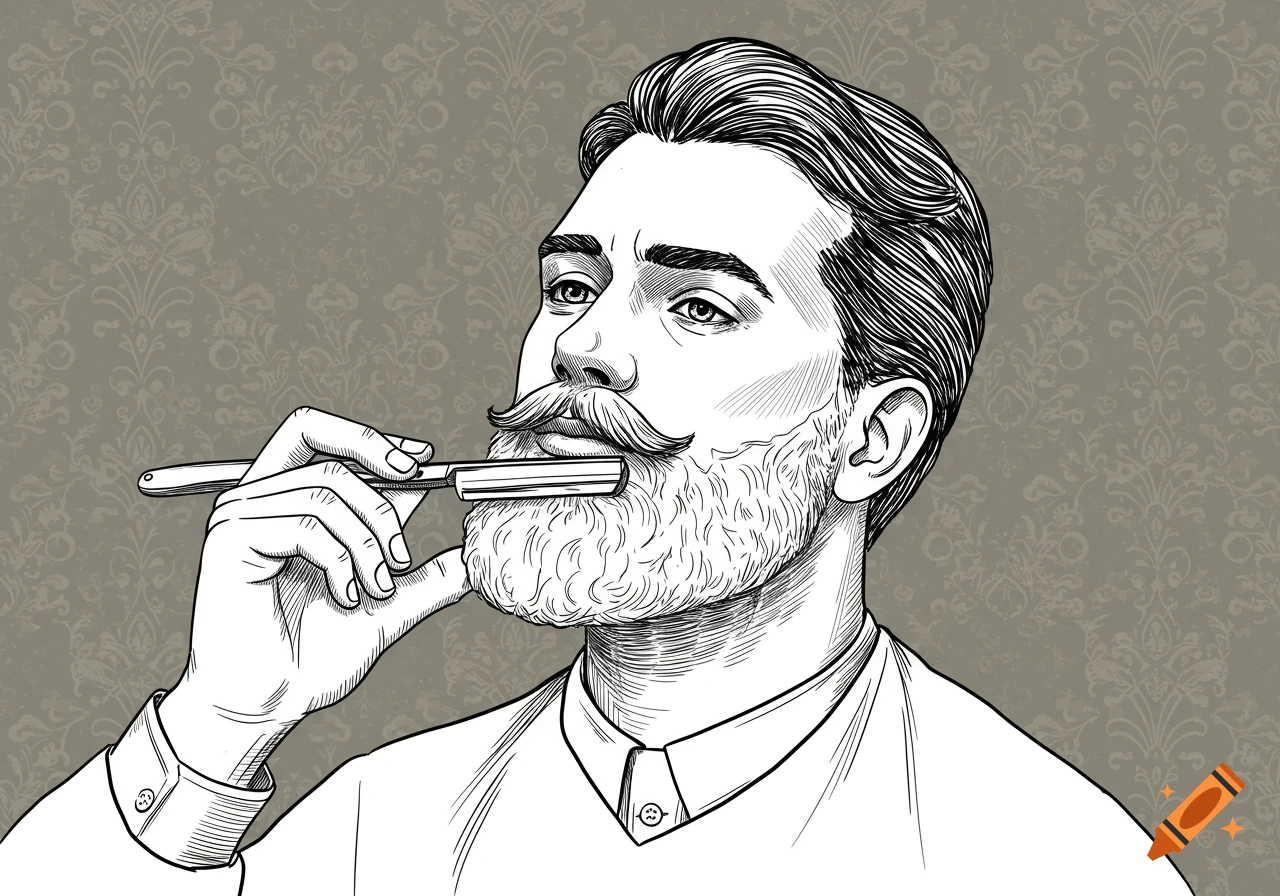 Black and white line drawing of a man shaving his beard with a straight ...