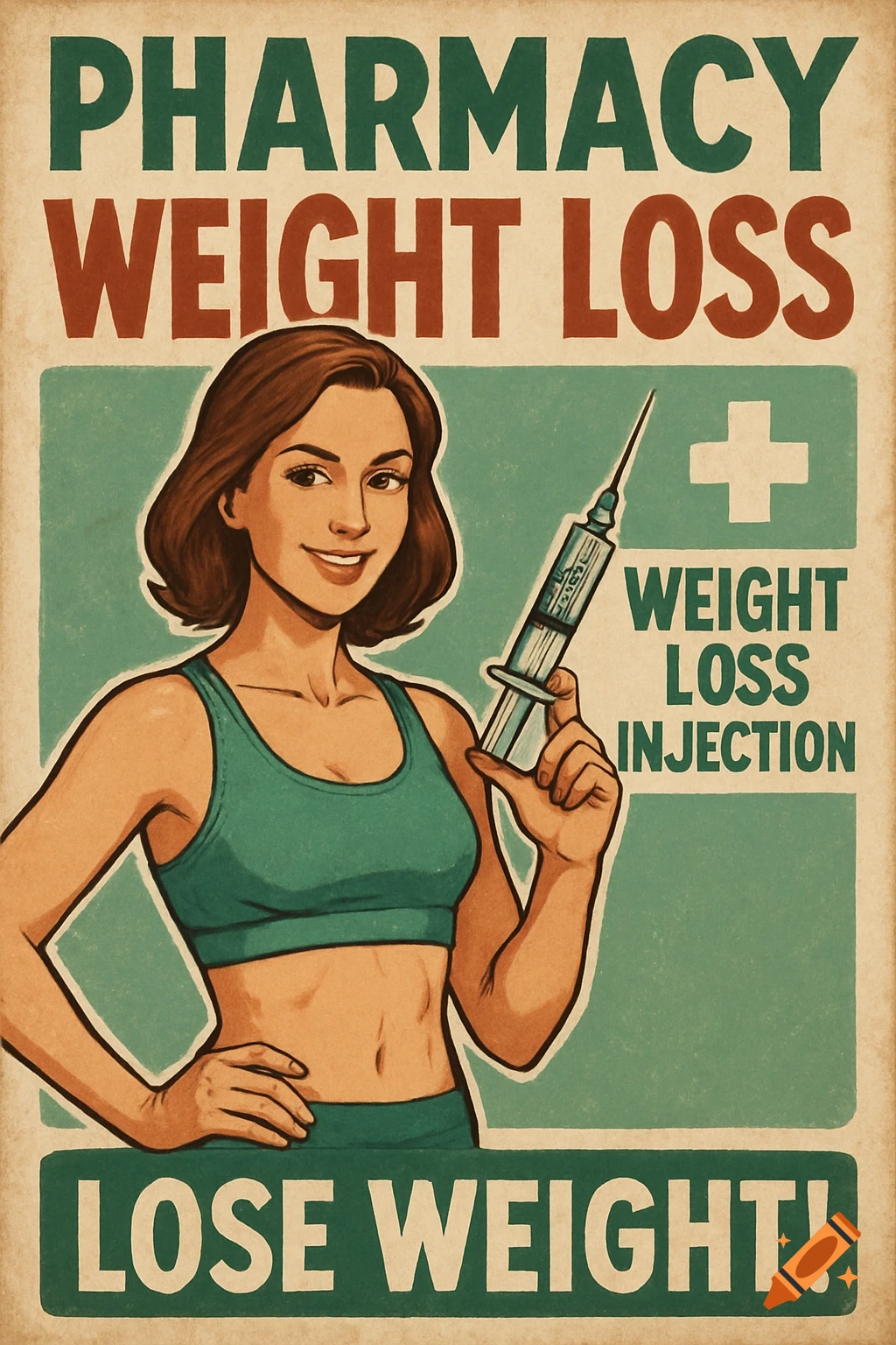 Retro advertising poster for pharmacy weight loss injection, featuring ...