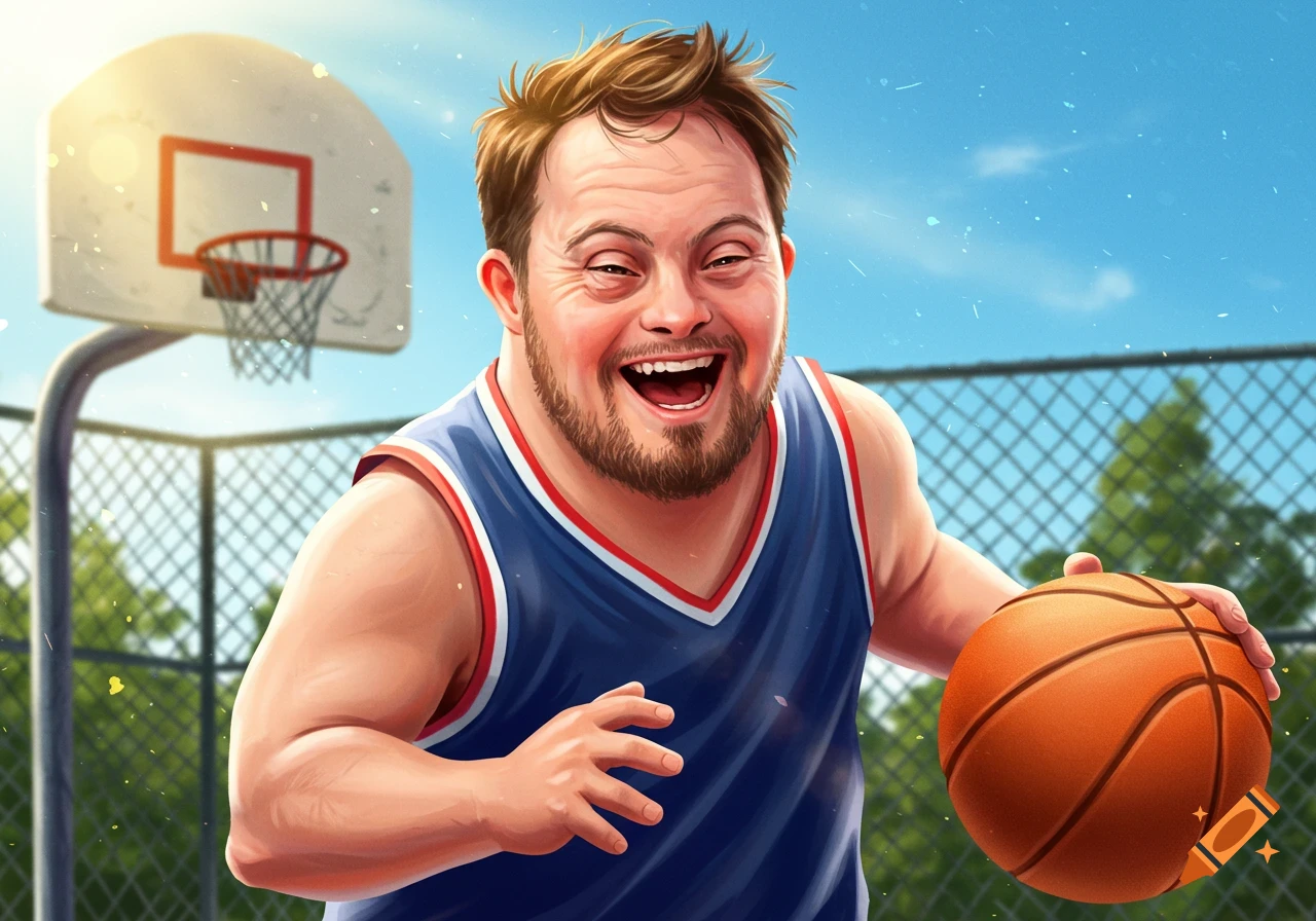 Illustration of a man with Down syndrome playing basketball outdoors ...