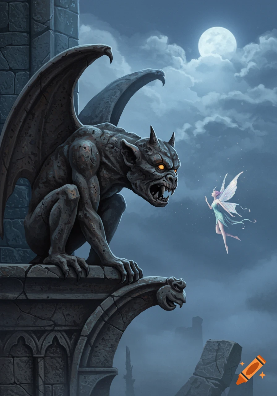 A gargoyle sits on a building ledge looking at a glowing fairy under a ...