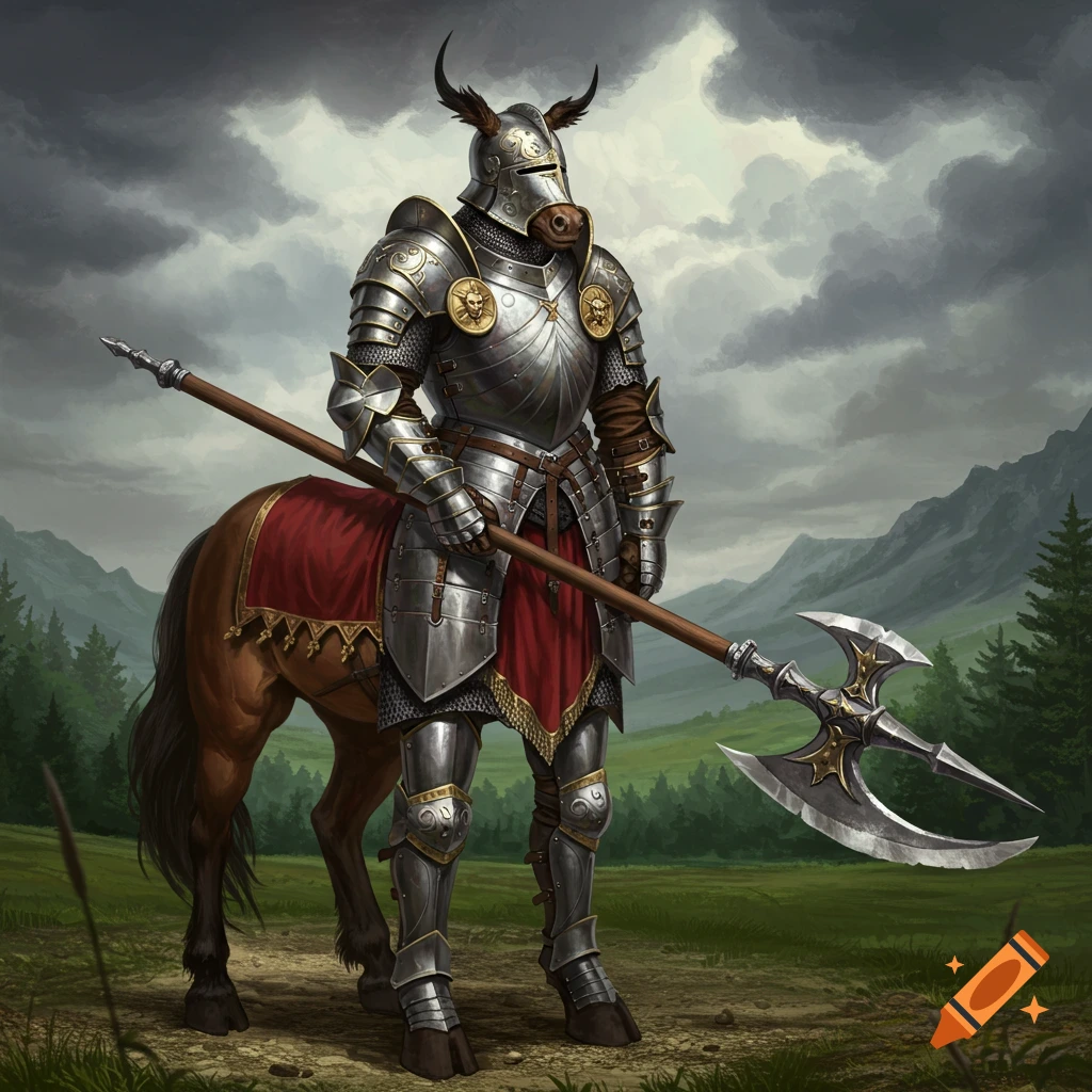 An armored centaur holding a halberd stands in a grassy field with ...