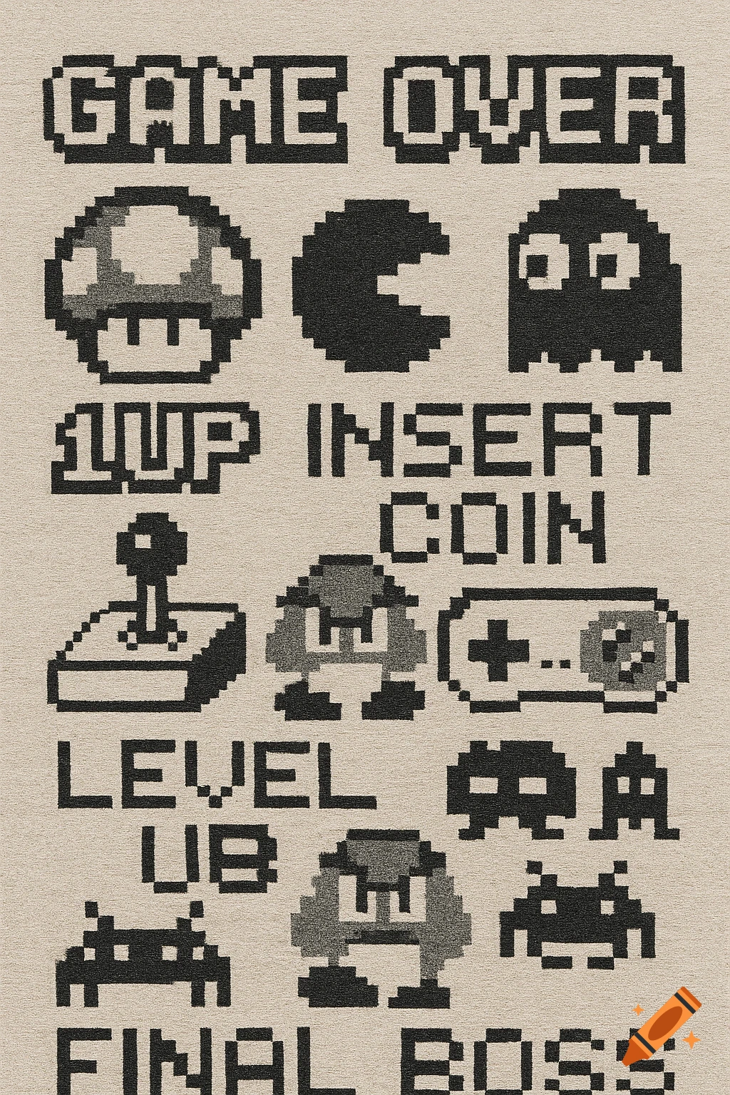 Retro 8-bit pixel art collage with Game Over, 1UP, Insert Coin, Level ...