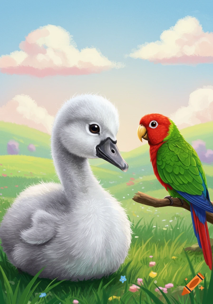 A fluffy white baby swan looks at a red and green parrot perched on a ...