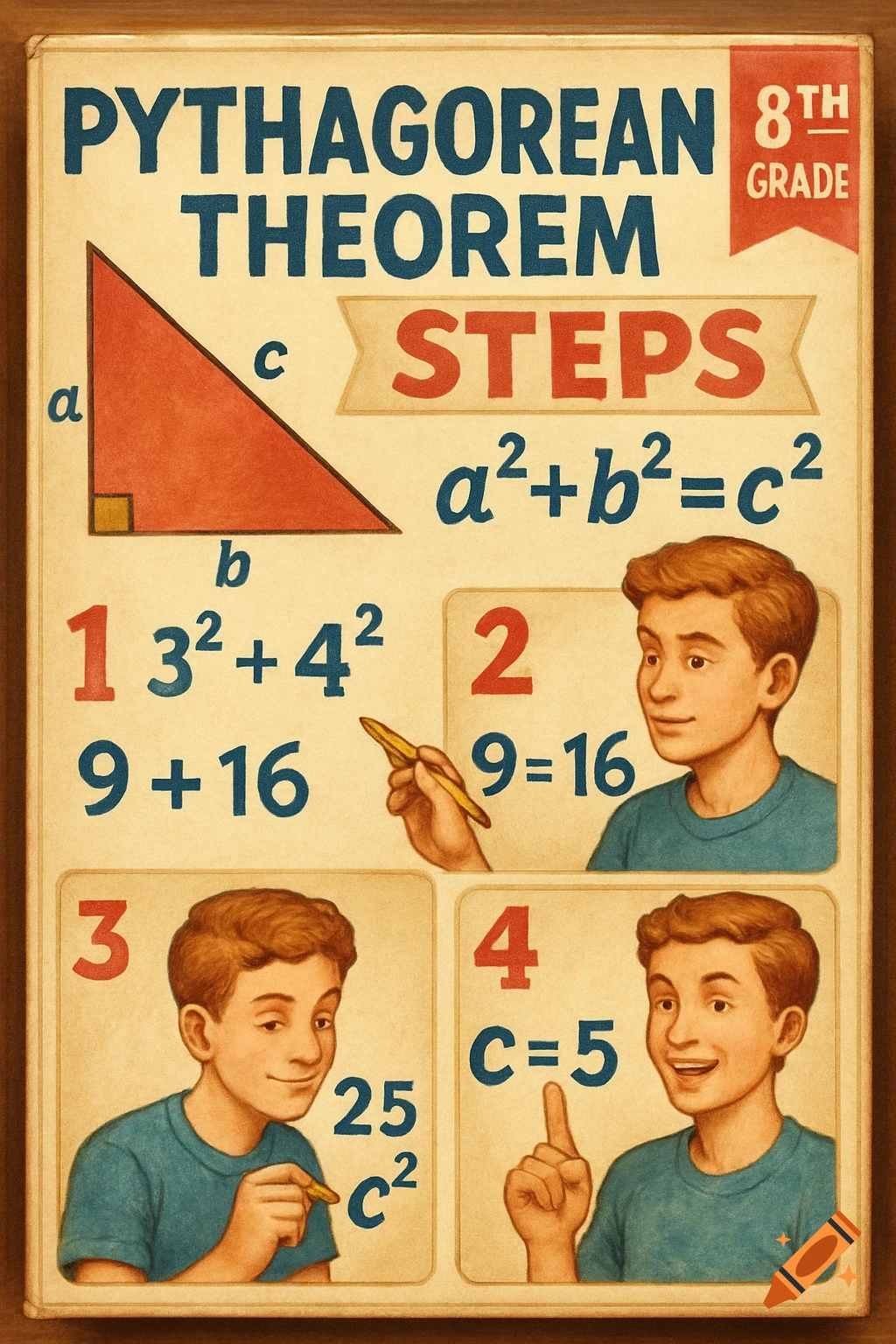 Vintage educational poster explaining the Pythagorean Theorem with equations and illustrated ...