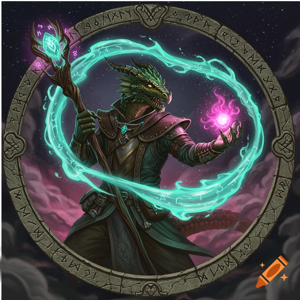 Dragonborn wizard casting a glowing spell inside a circular rune ...