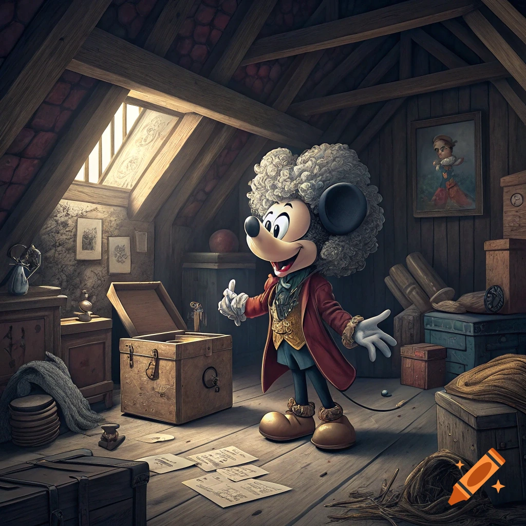 Mickey Mouse in old clothes and a curly wig stands in a dusty attic. on ...