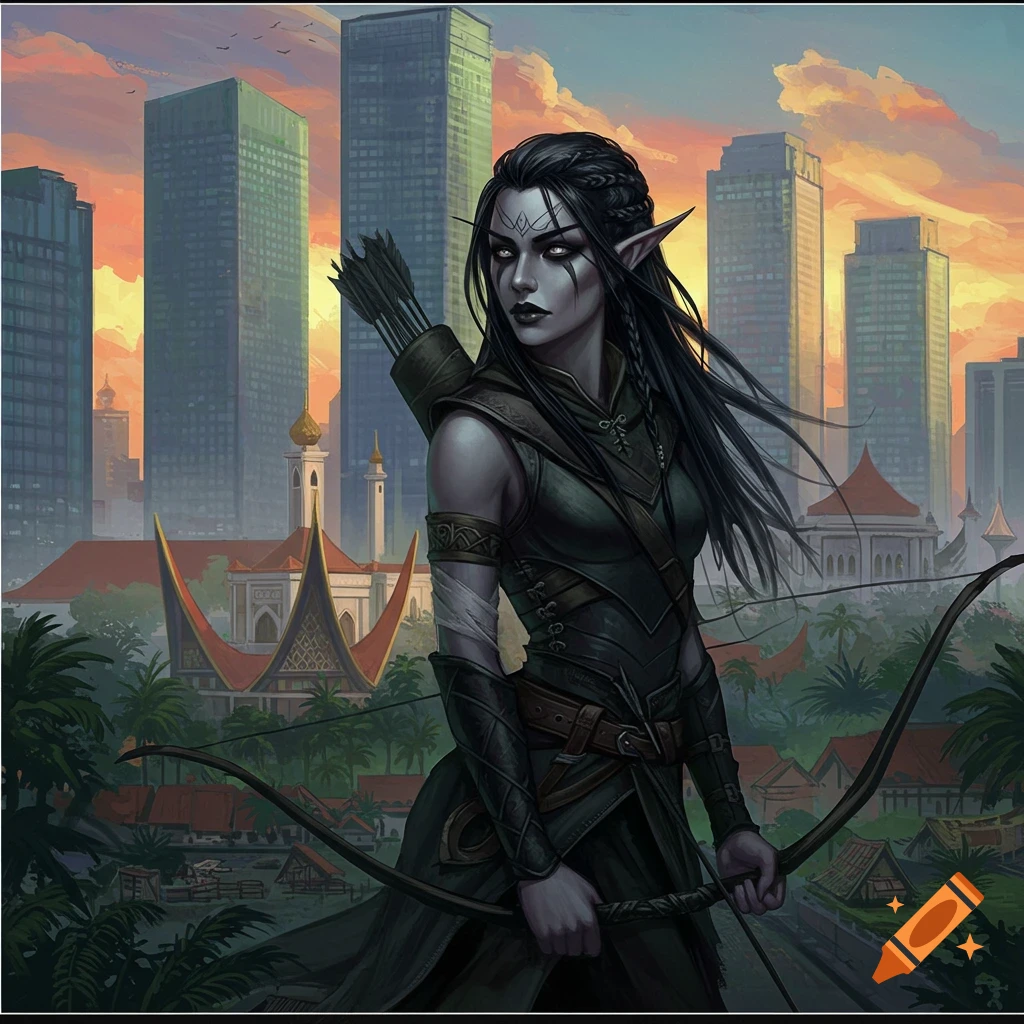 A dark elf woman with a bow and quiver stands in a city with ...