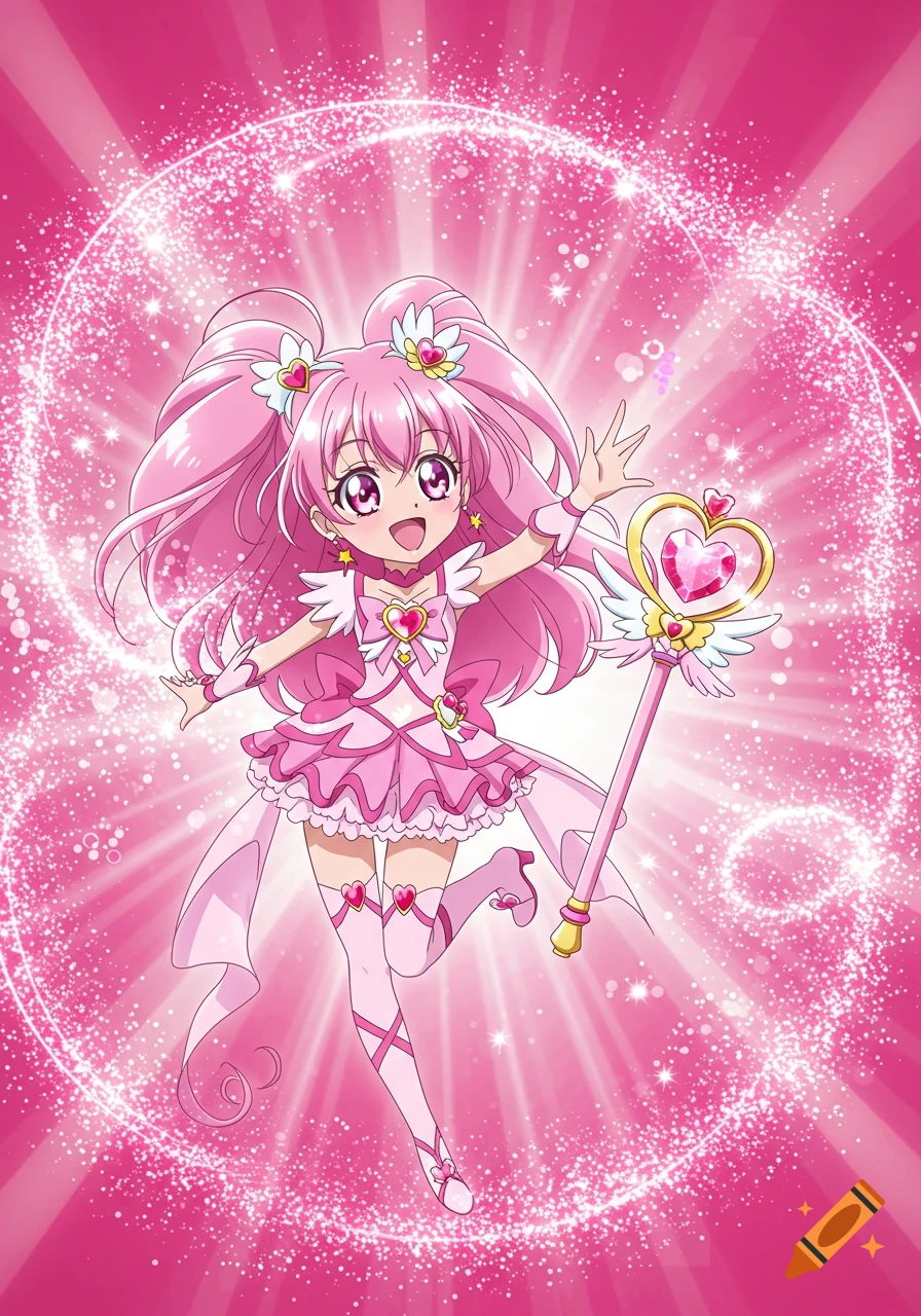Anime magical girl with pink hair and pink eyes, holding a heart-topped ...