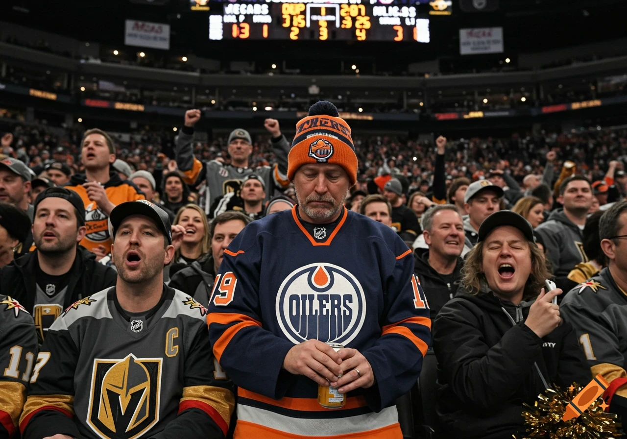 Sad Oilers fan in a crowd at a hockey game. on Craiyon