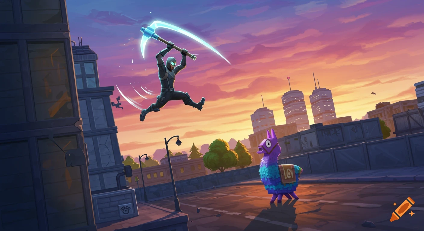 Fortnite character leaps with pickaxe towards Loot Llama in a stylized ...
