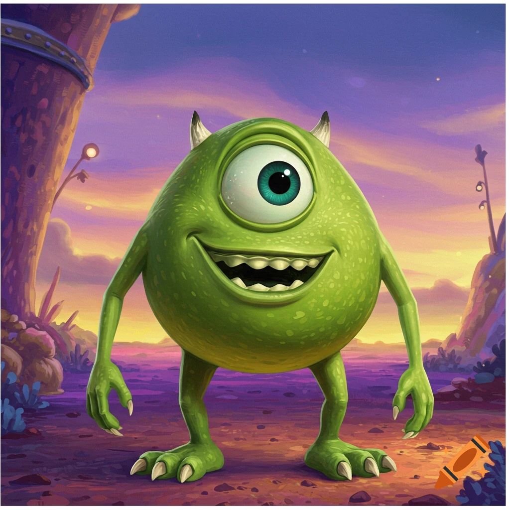 A green round monster with two eyes and horns smiles in an alien ...