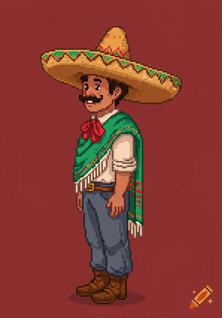 Pixel art full-body side view of a man in a sombrero and serape. on Craiyon
