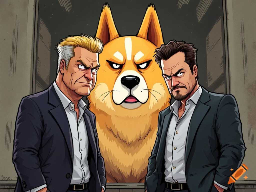 Two scowling cartoon men with slicked back hair stand in front of a ...