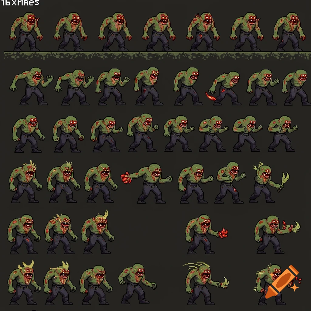 Grid of 16-bit pixel art sprites showing a green mutant creature in ...