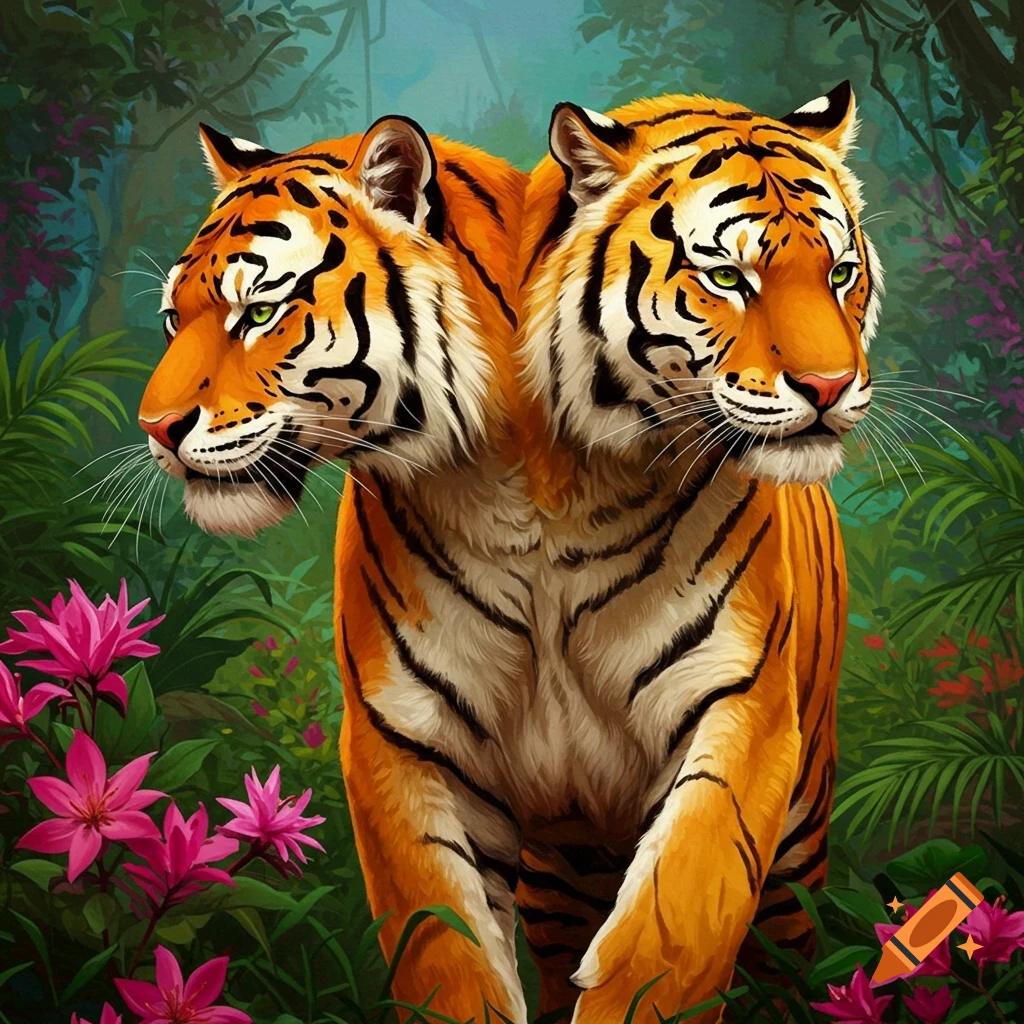 A two-headed tiger walks through a vibrant jungle. on Craiyon