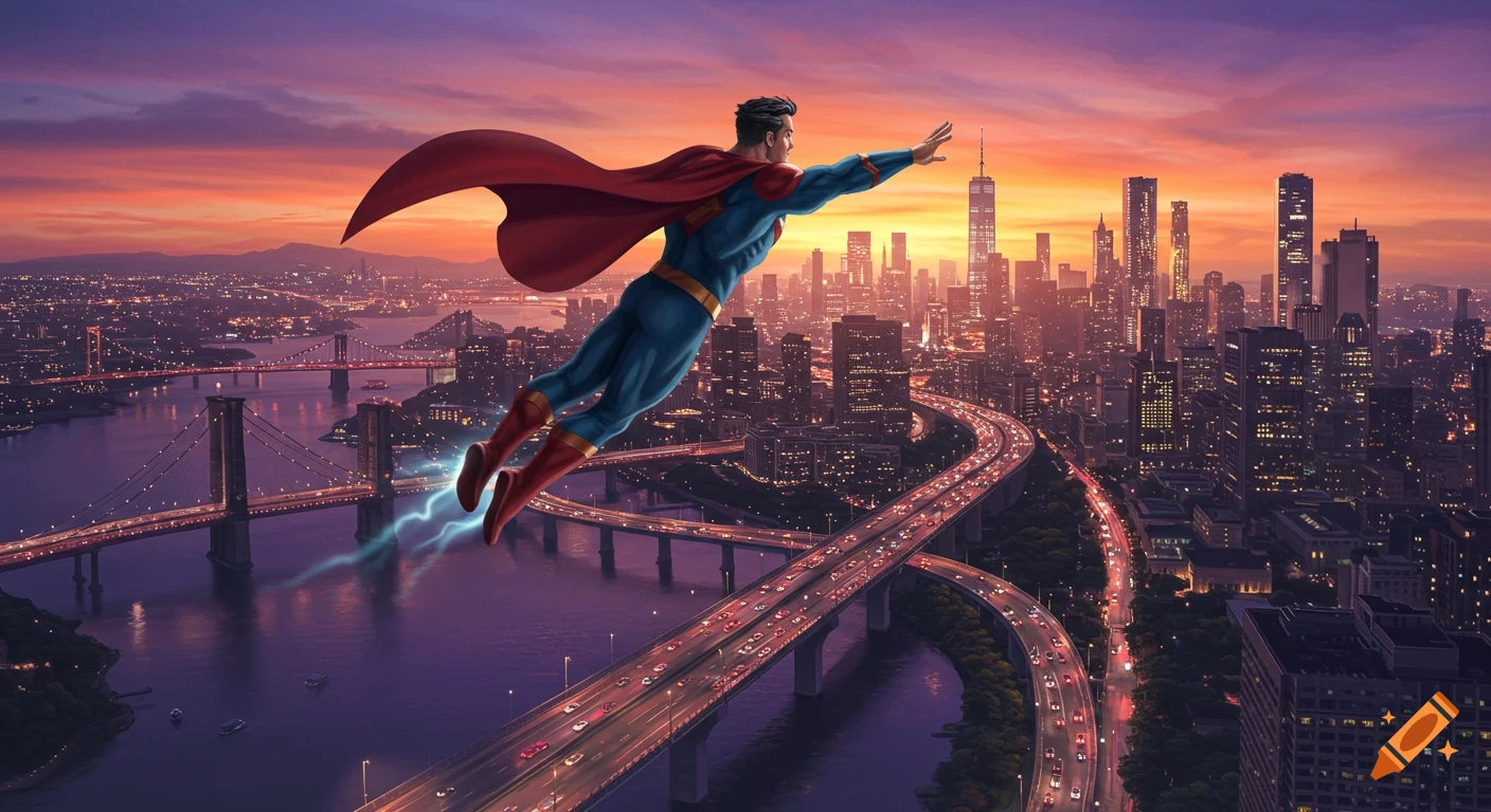 Superhero flying over a city bridge at sunset. on Craiyon