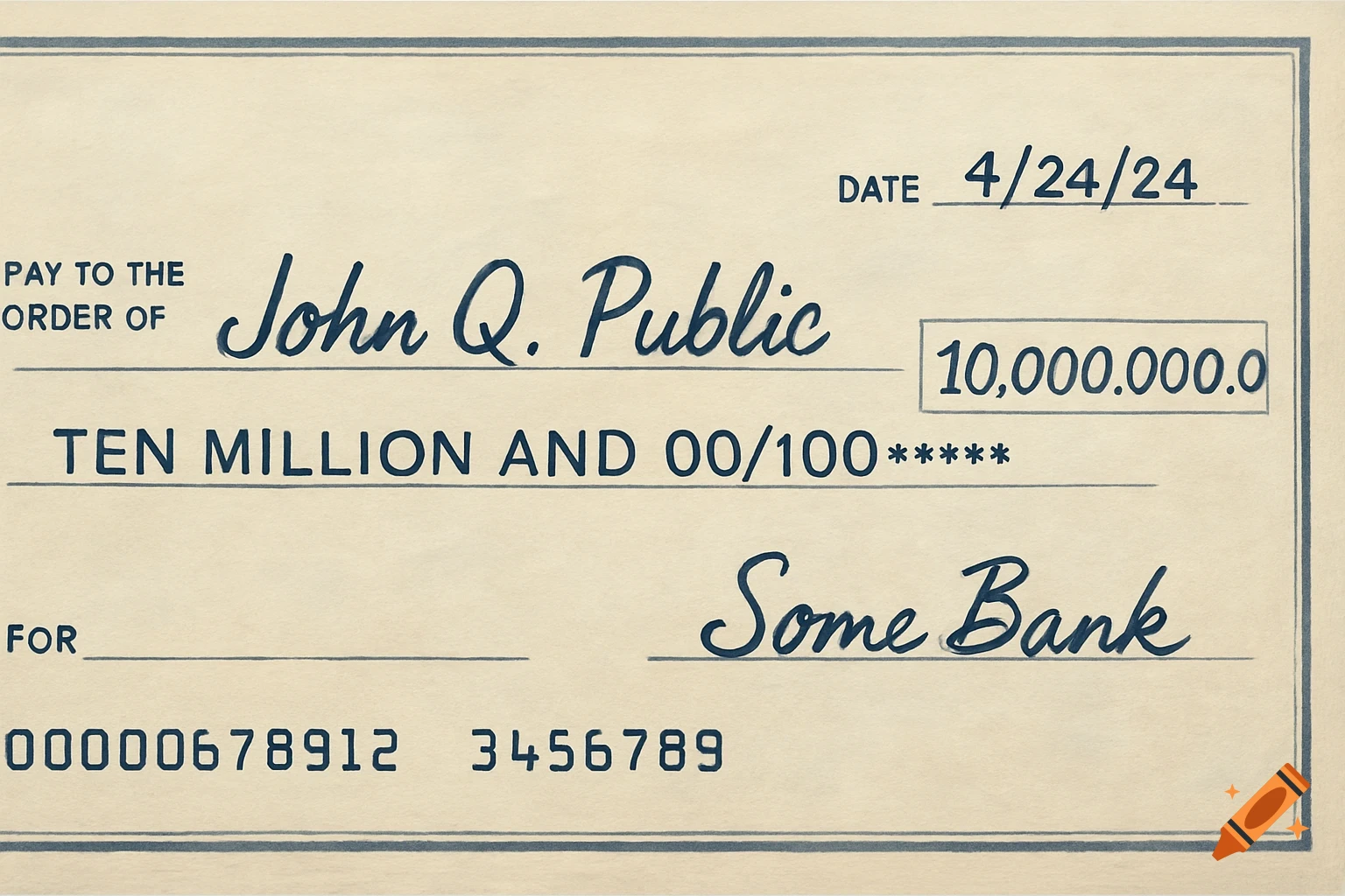 A stylized check for ten million dollars made out to John Q. Public. on ...