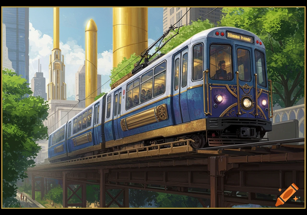 A blue and gold steampunk train on elevated tracks passes golden city ...