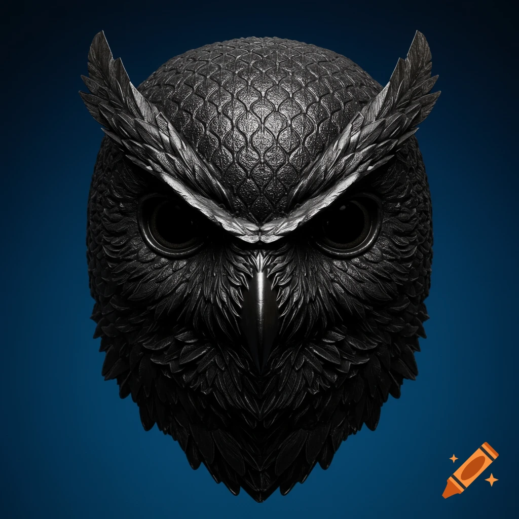 A dark, textured sculpture of an owl's face on a deep blue background ...