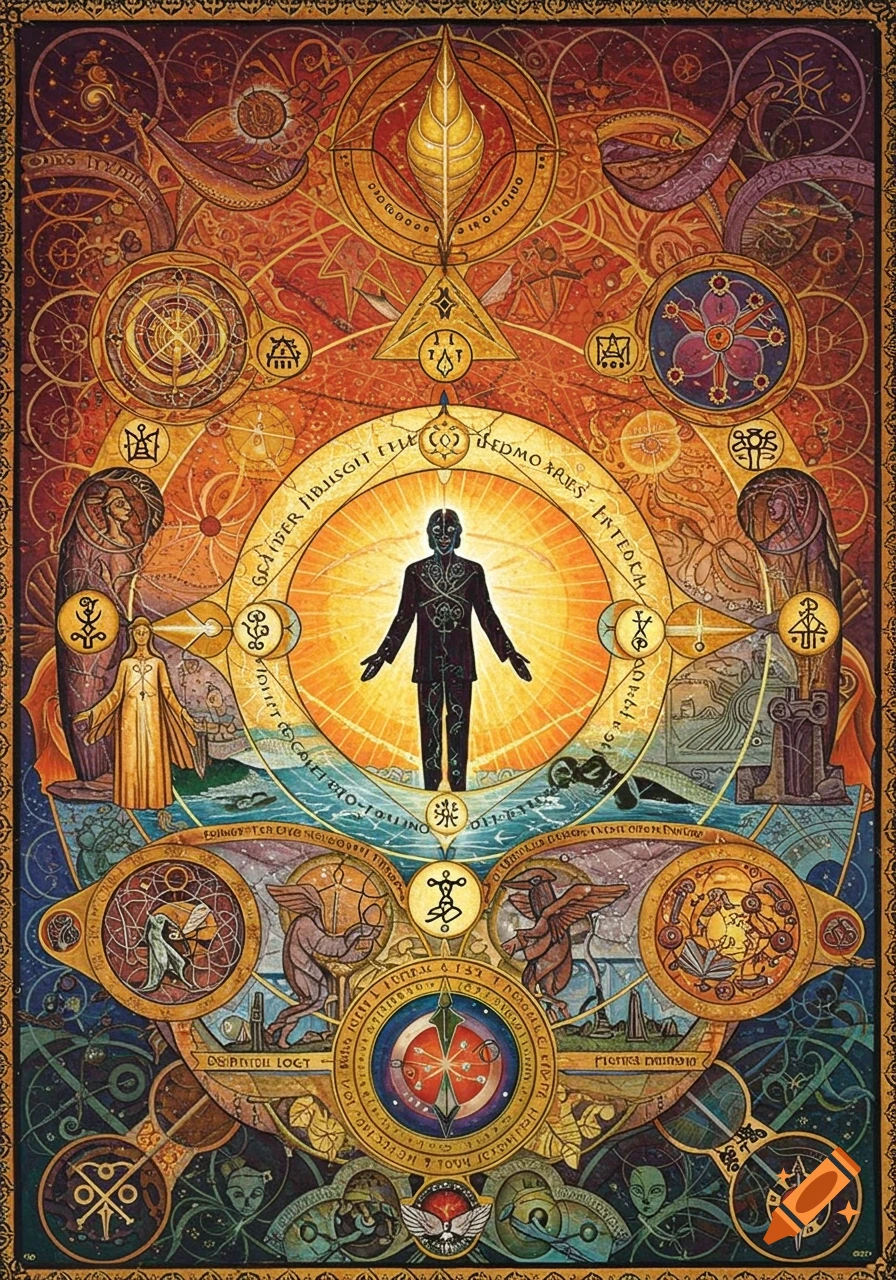 A detailed, intricate symbolic illustration with a central figure ...