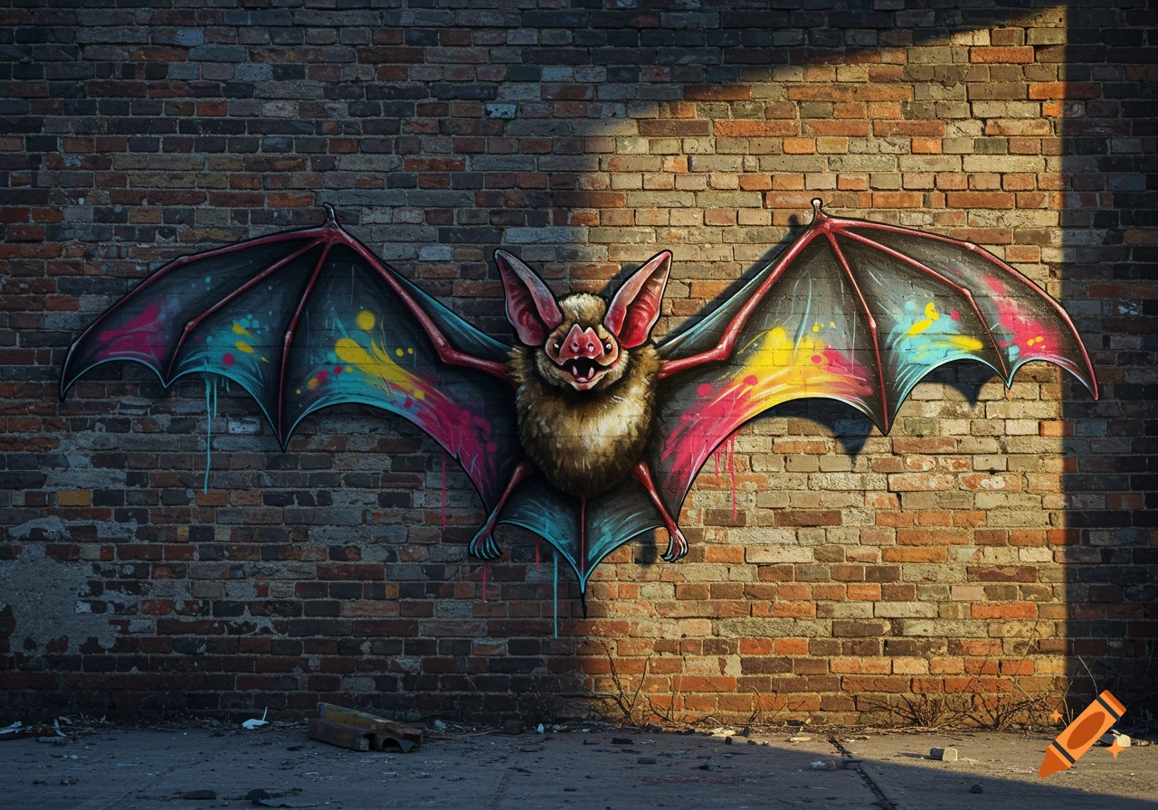 Graffiti art of a bat on a brick wall on Craiyon