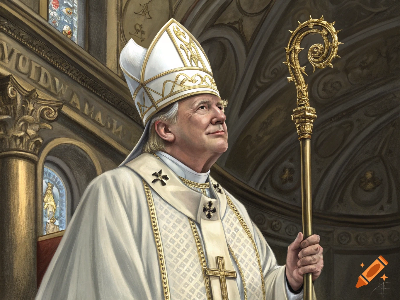 Painting of a man resembling Trump dressed as a Pope, holding a staff ...