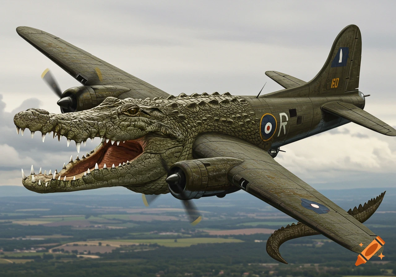 A bomber airplane with a crocodile head and tail flying over a ...