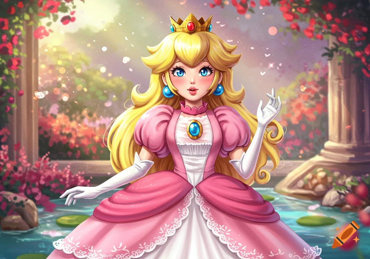 Illustration of Princess Peach in a pink dress and crown standing in a ...