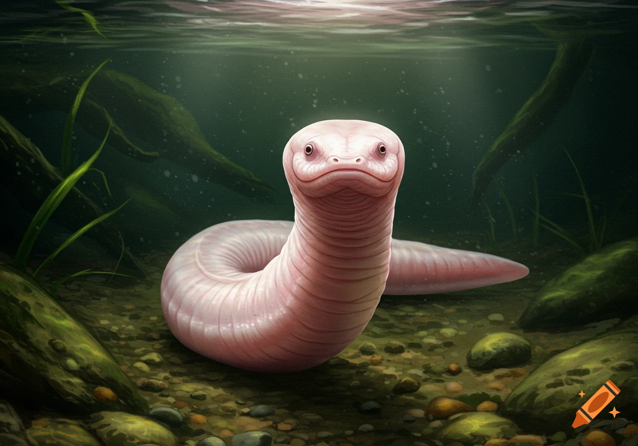 A Pale Pink Worm Like Creature Atretochoana Rests On A Rocky Riverbed