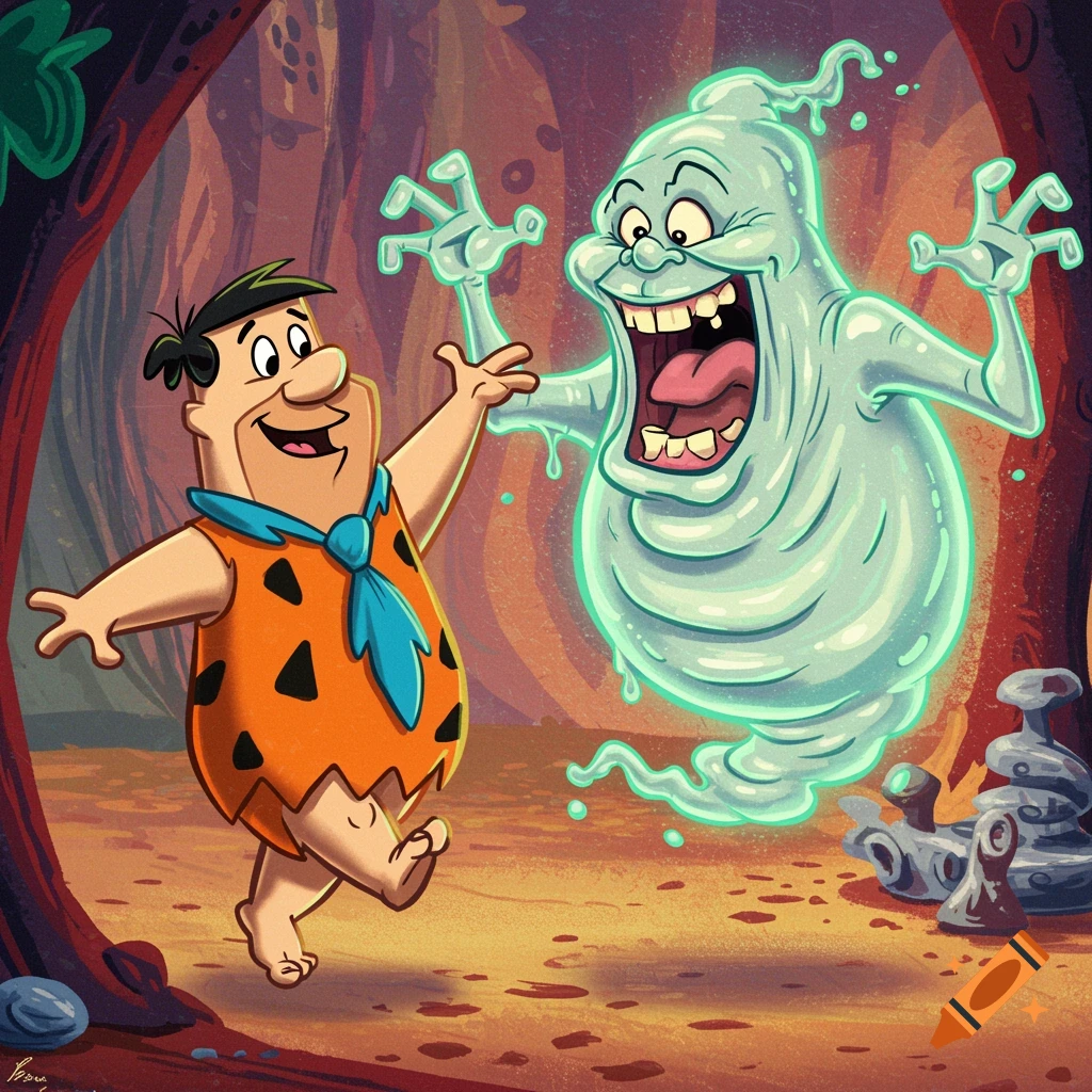 Cartoon illustration of Fred Flintstone encountering Slimer the ghost ...