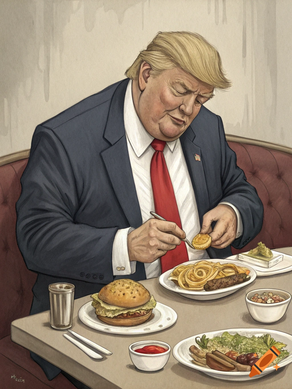 Illustration of a caricature of Donald Trump eating food at a table. on ...