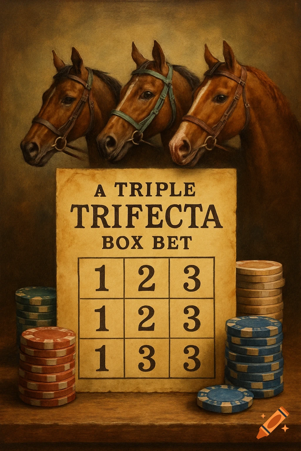 Painting of three horses above a sign for a triple trifecta box bet ...