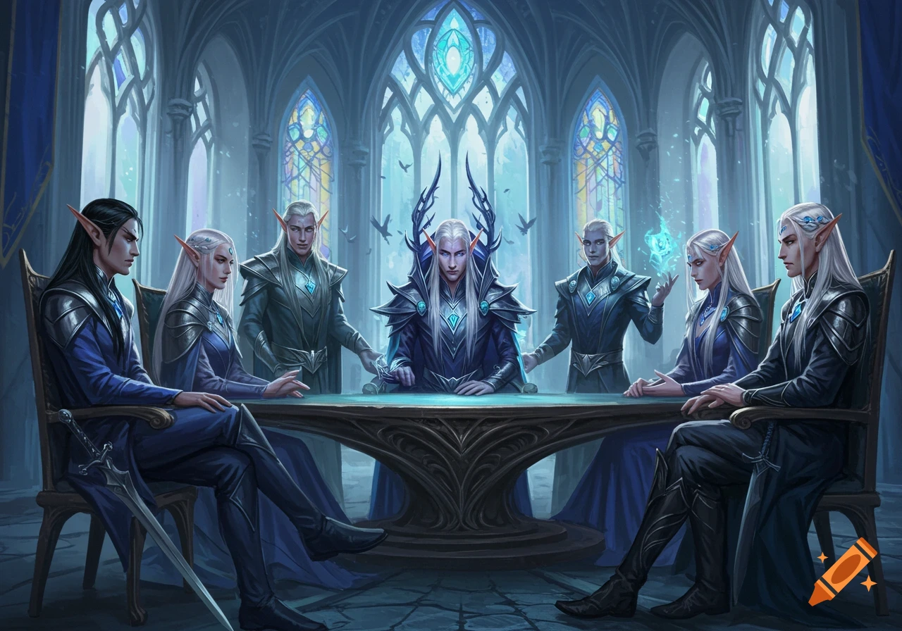 A fantasy illustration of an elf council meeting in a grand hall. on ...