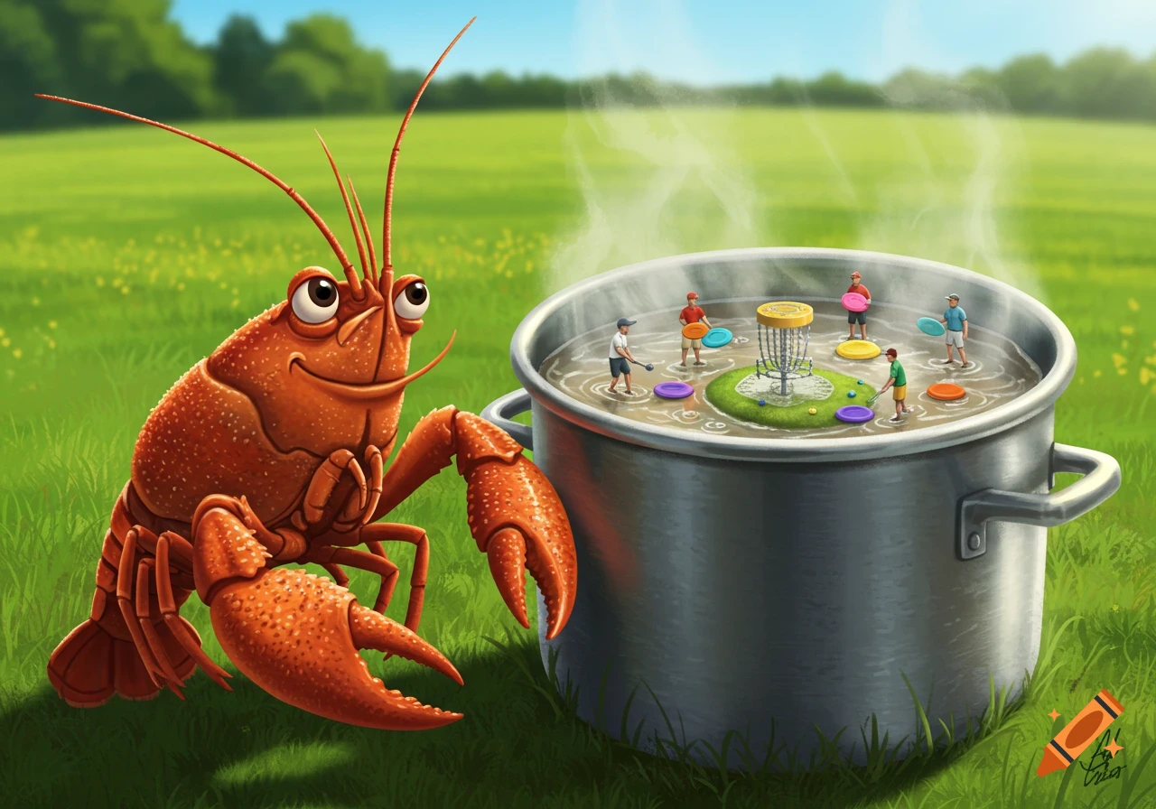 A cartoon crawfish stands next to a pot where miniature people play ...