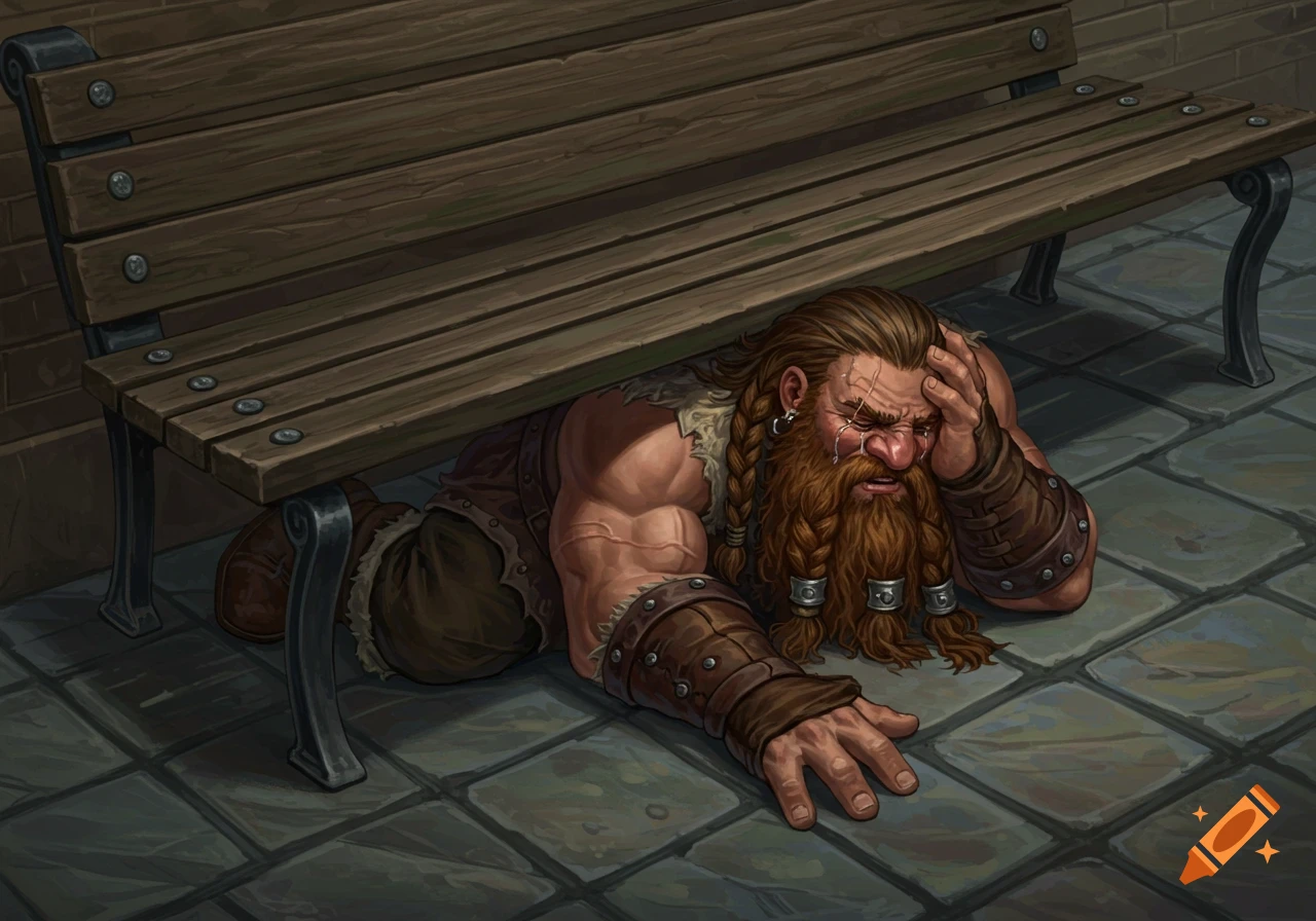 Illustration of a crying dwarf barbarian lying under a park bench. on ...