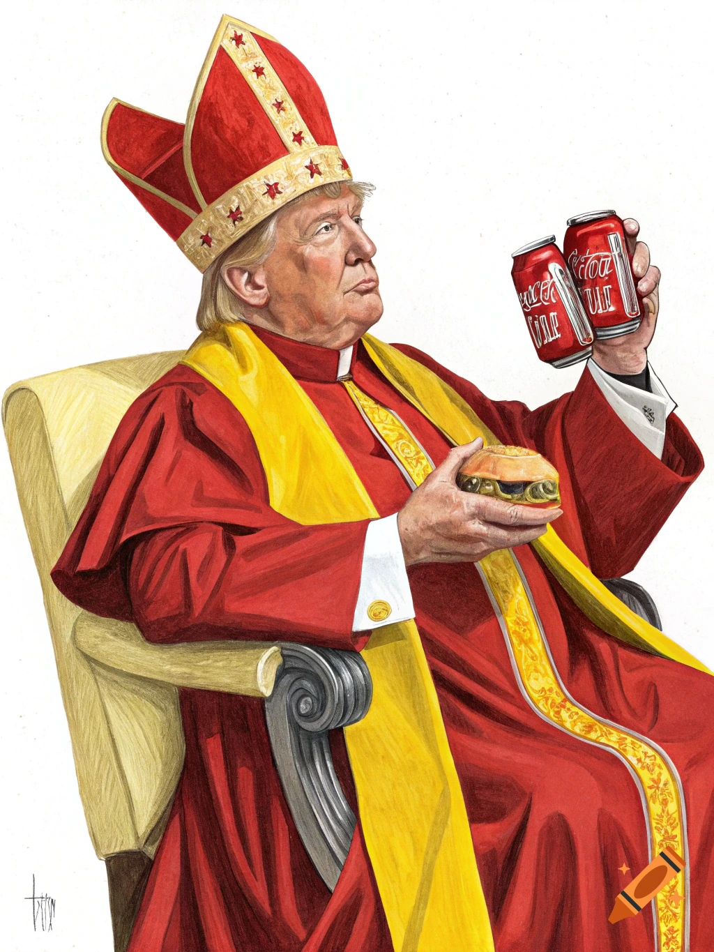 Caricature of Donald Trump in red and yellow papal robes, holding a ...