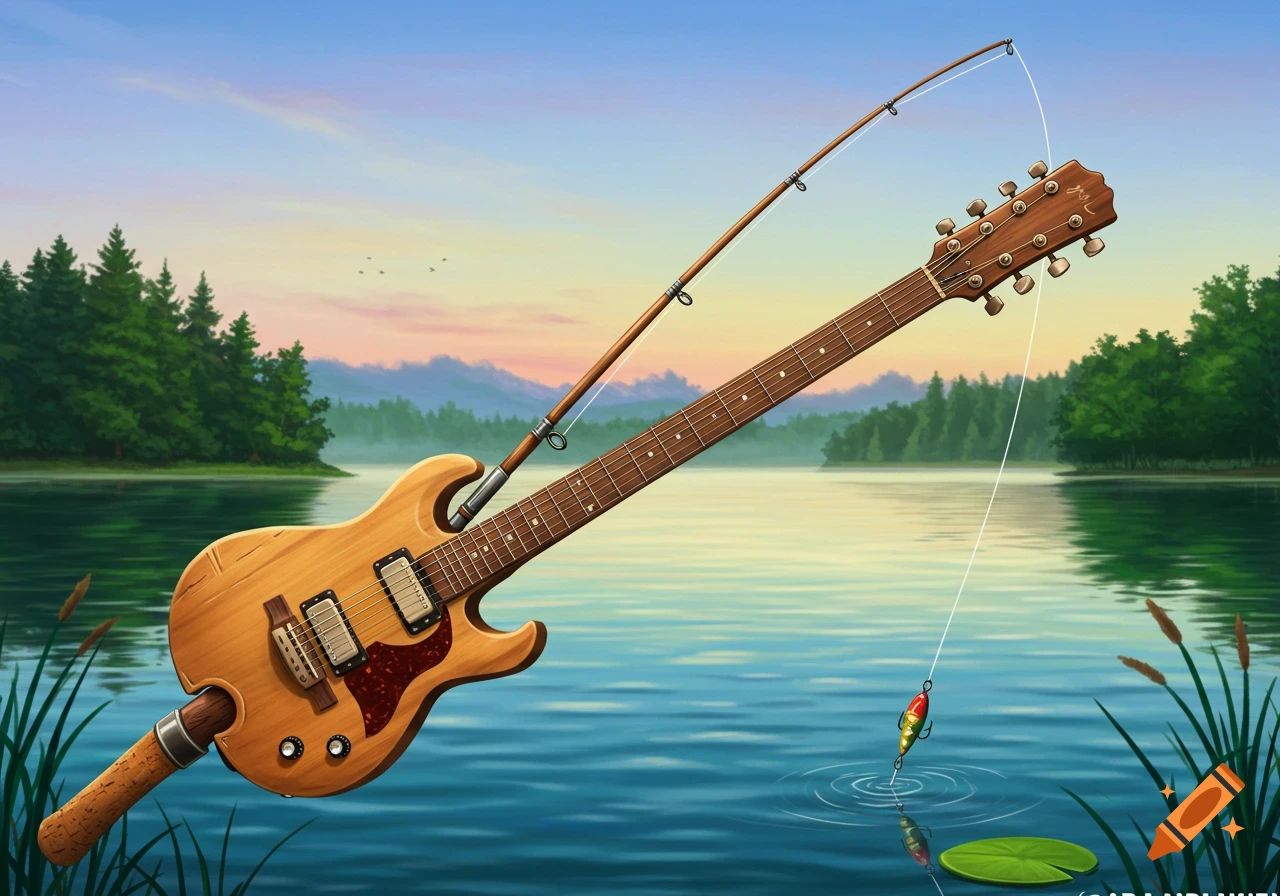 An electric guitar with a fishing rod attached is fishing in a lake at ...