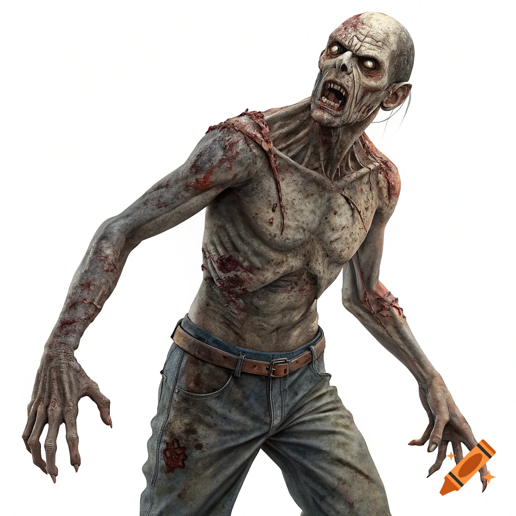 A realistic rendering of a standing zombie with tattered skin and ...