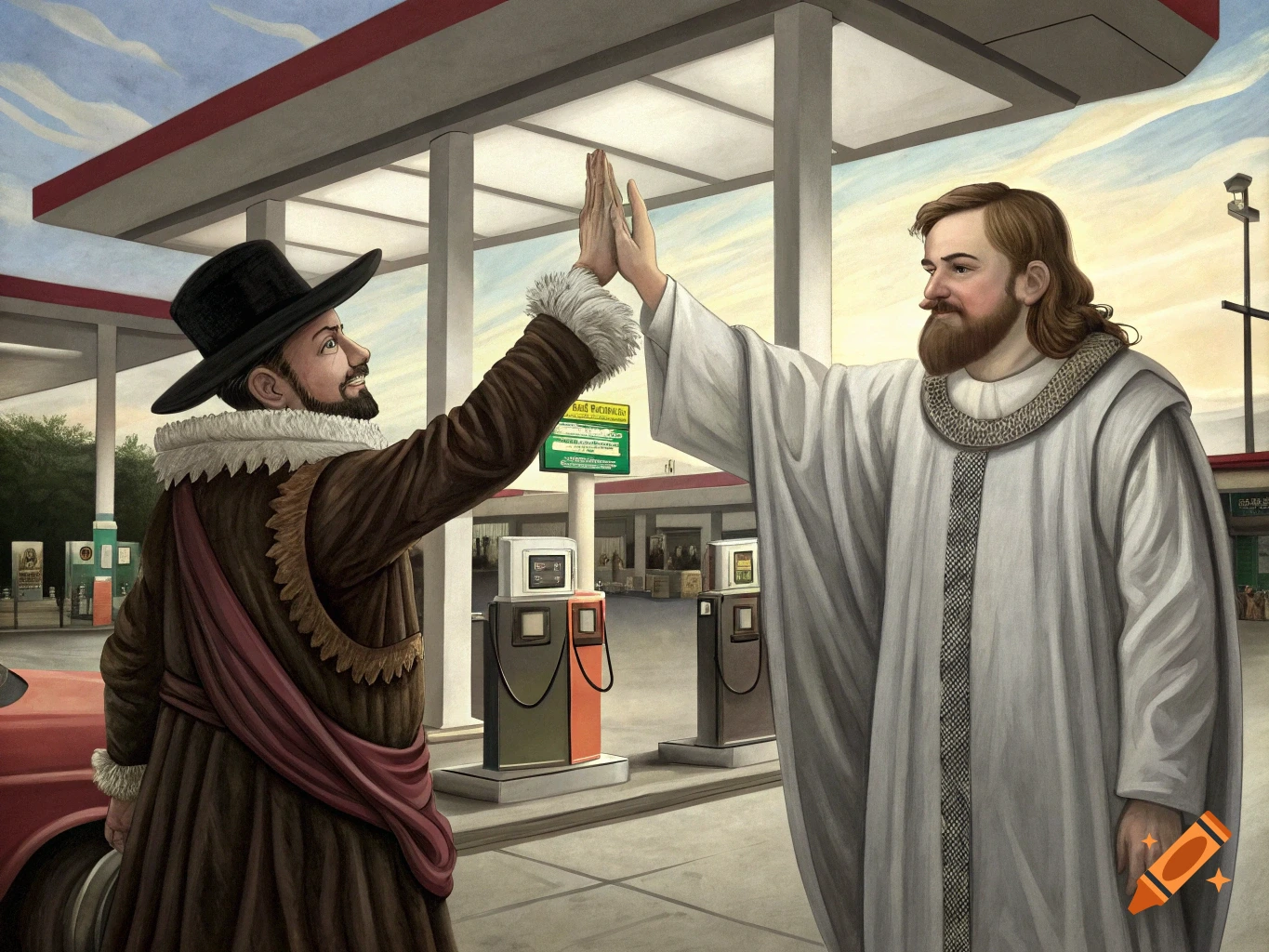 Two figures resembling Sir Francis Bacon and Jesus high-fiving at a gas ...