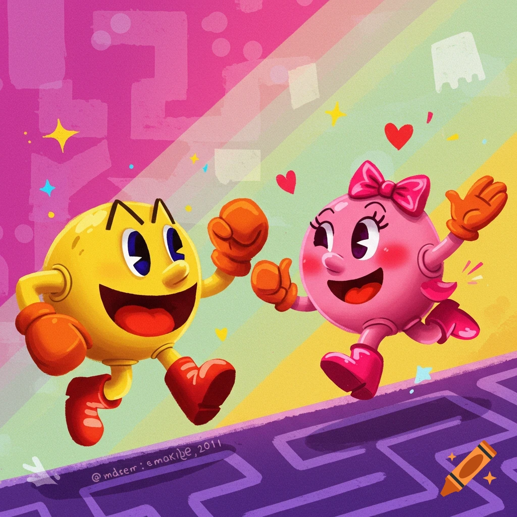 Pac-Man and Ms. Pac-Man run together on a maze path in a colorful ...